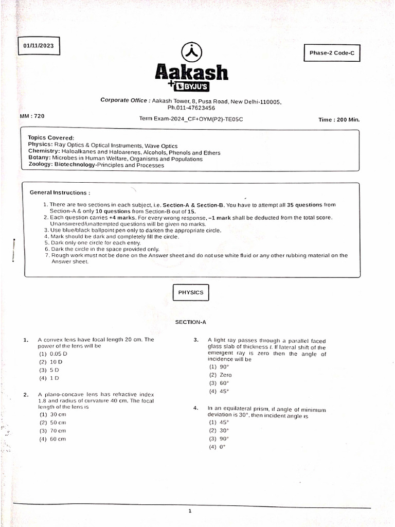 Aakash Term Test Papers | PDF