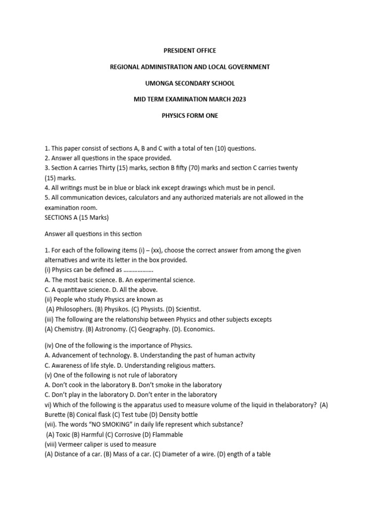 Mid Term Form I | PDF | Science | Physics