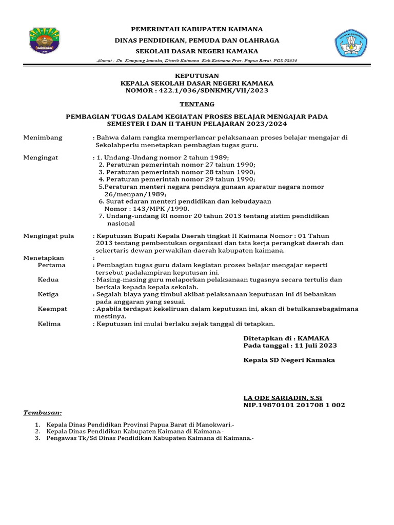 SK Pembagian Tugas Mengajar 2023 | PDF