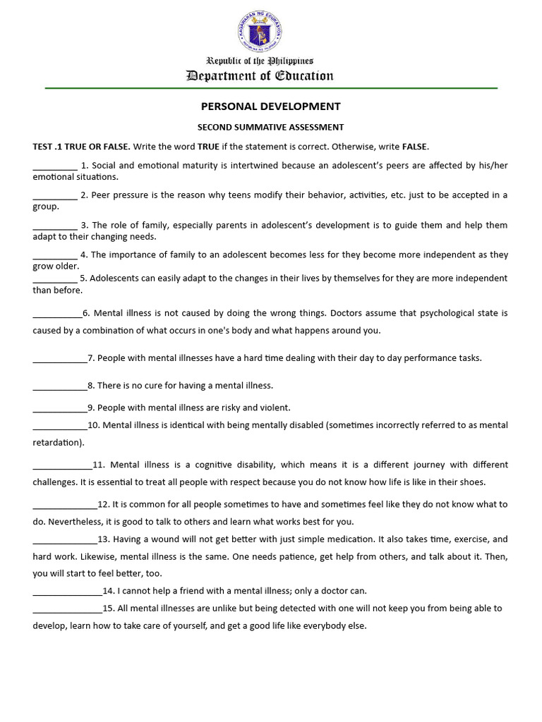 PD 2ND Summative Assessment Q1 | PDF | Adolescence | Mental Disorder