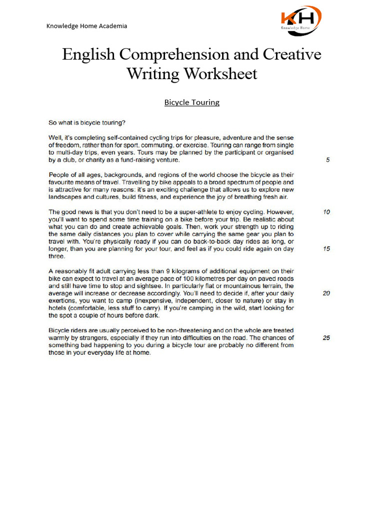 KHA English Comprehension and Creative Writing Worksheet | PDF