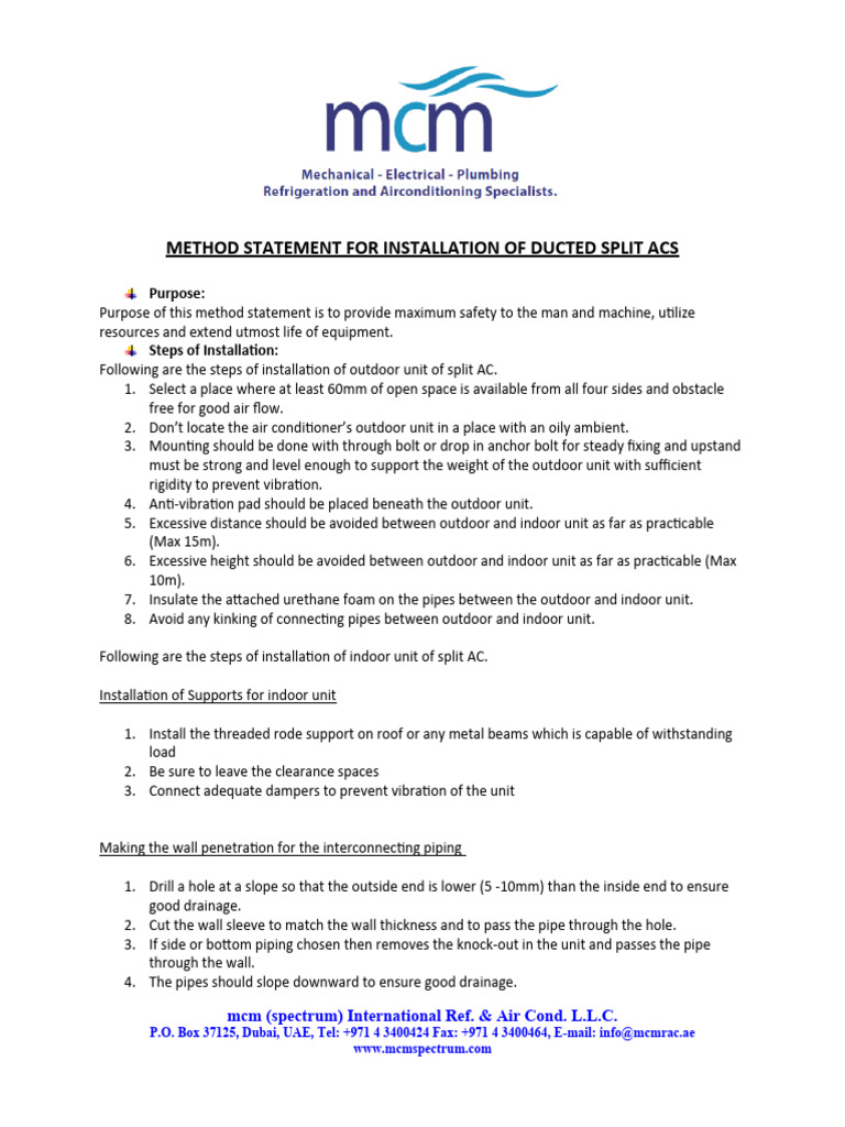 Method Statement For Installation of Ducted Split ACs | PDF | Pipe ...