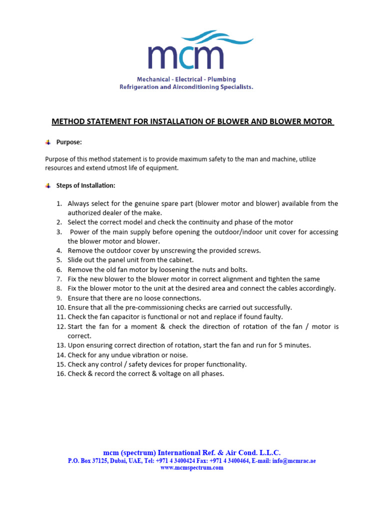 Method Statement For Installation Fan Motor and Blower | PDF