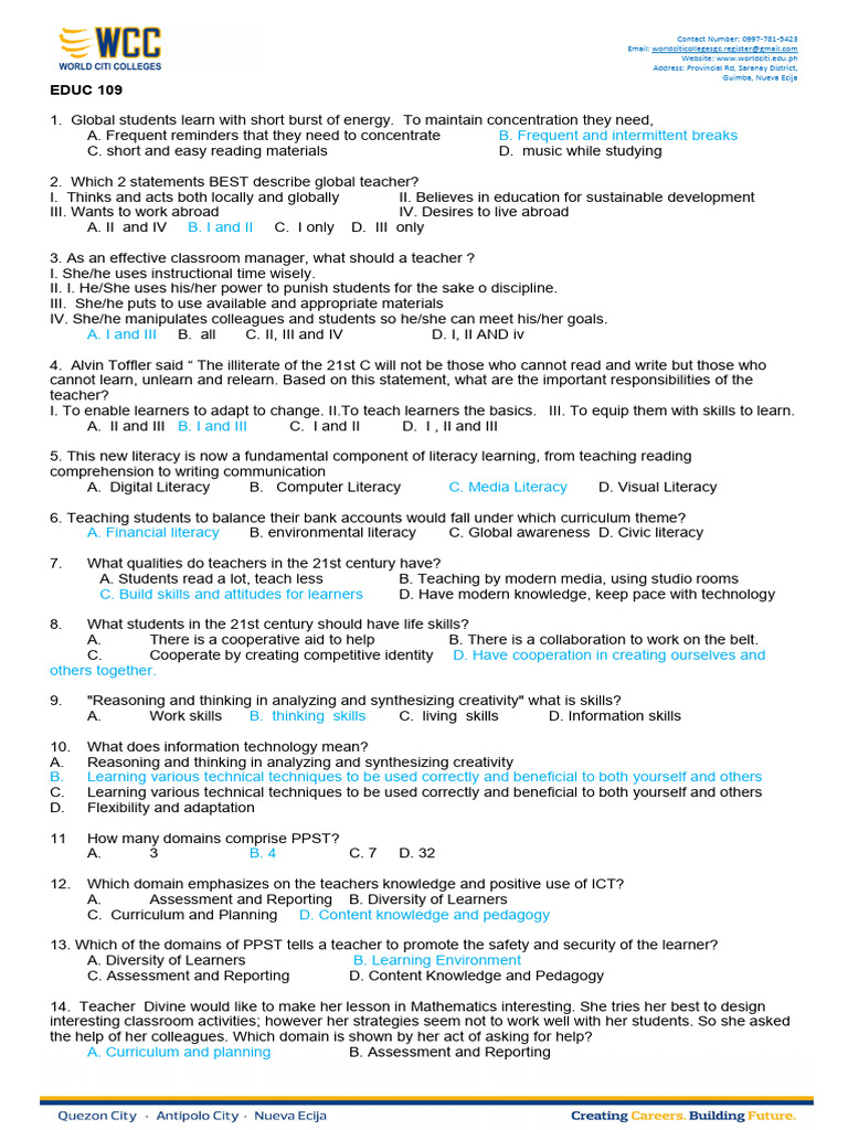Educ109 Quizz | PDF | Literacy | Learning