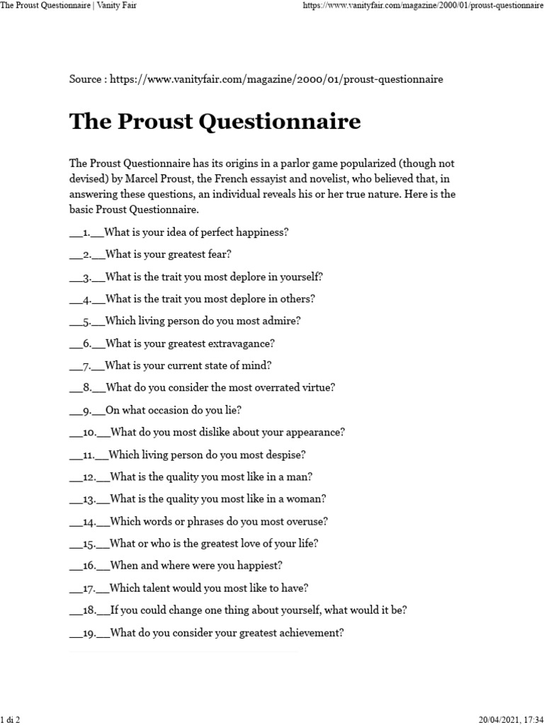 The Proust Questionnaire Guide | PDF | Games & Activities