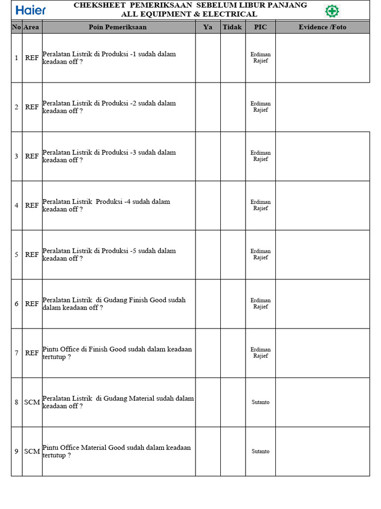 Checksheet Pemeriksaan Pabrik Sebelum Libur Panjang | PDF