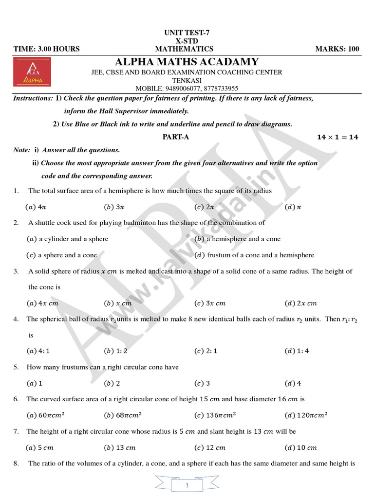 10th Maths Unit Test 7 Question Paper | PDF | Sphere | Area