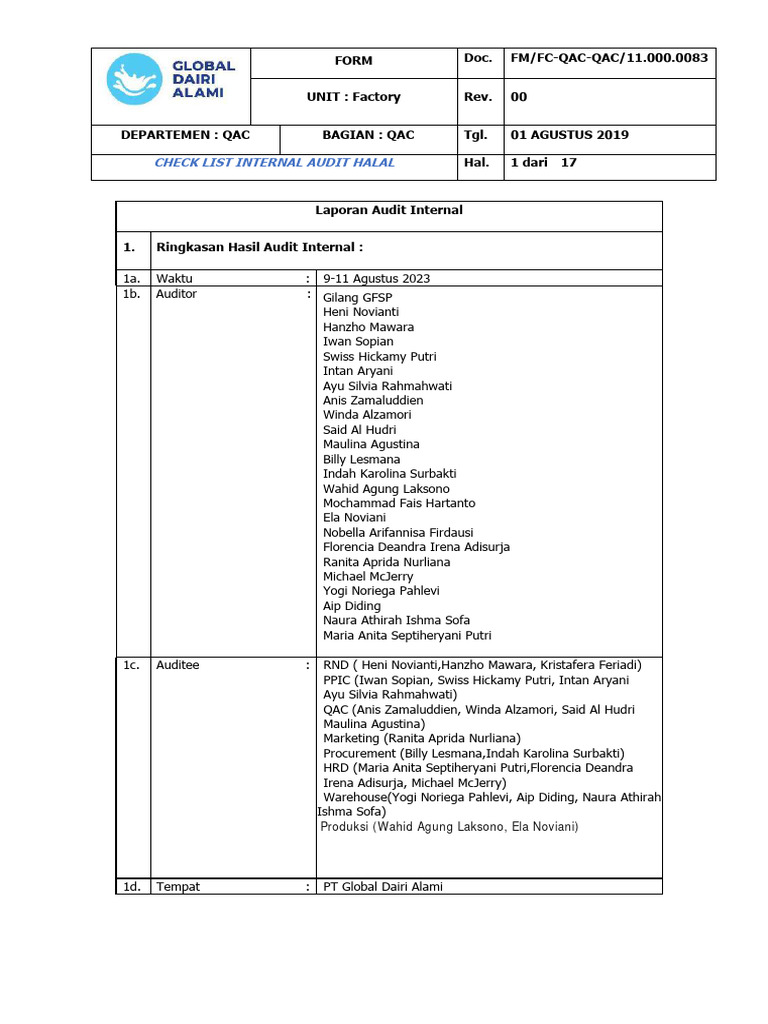 Check List Internal Audit Halal | PDF