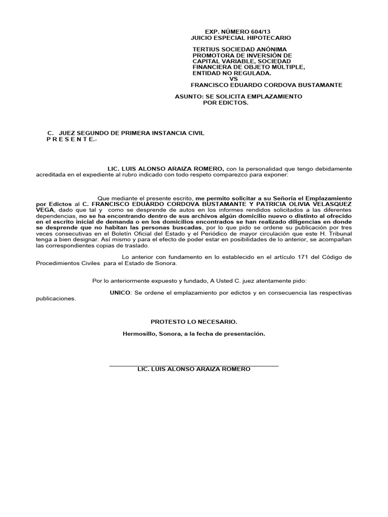 Solicitar Emplazamiento Por Edictos Cordova Bustamante | PDF | Justicia ...