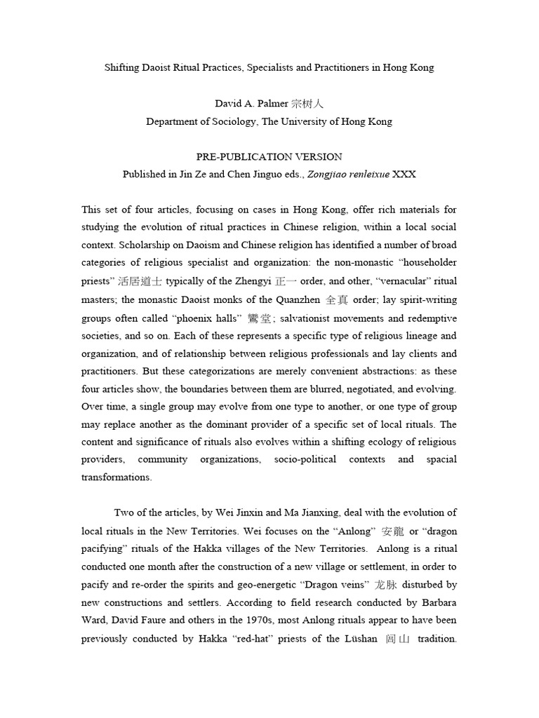 Shifting Daoist Ritual Practices, Specialists and Practitioners in Hong ...