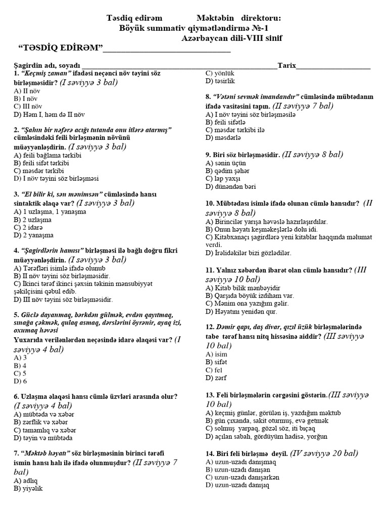 8 Sinif Azərbaycan Dili BSQ 1 | PDF