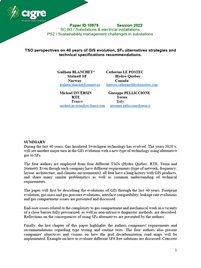 TSO Perspectives On 40 Years of GIS Evolution, Including SF6 Issues, Maintenance Strategy and ...