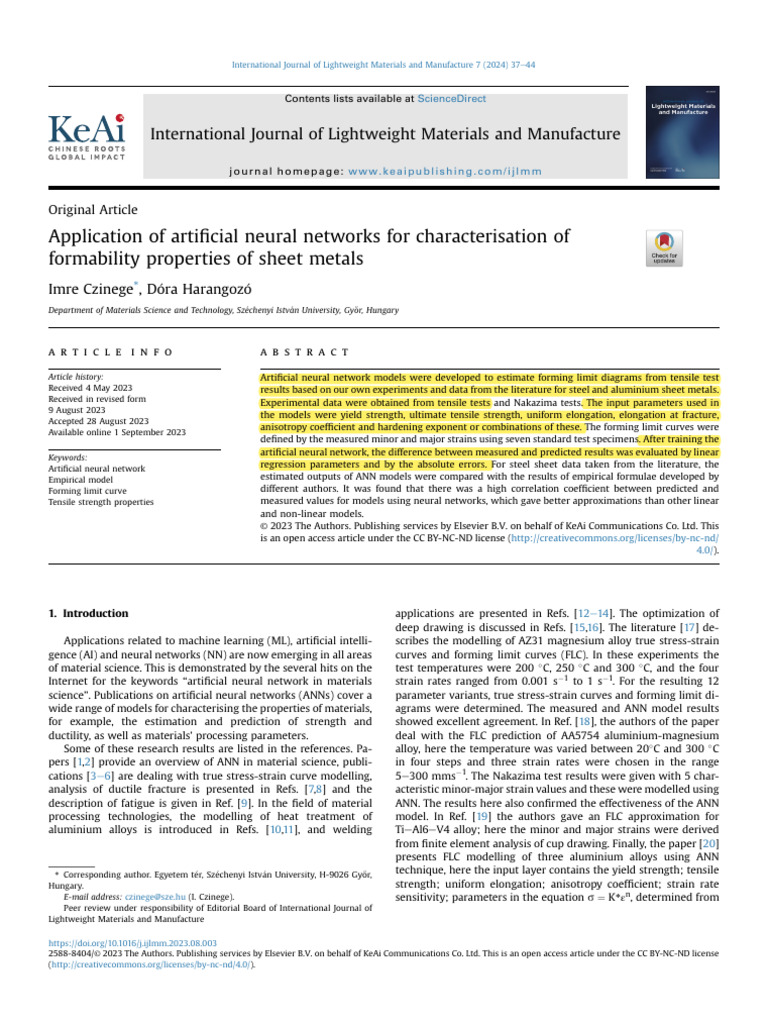 2023 Ijlmm Czinege Application Of Artificial Neural Networks For Characterisation Of Formability