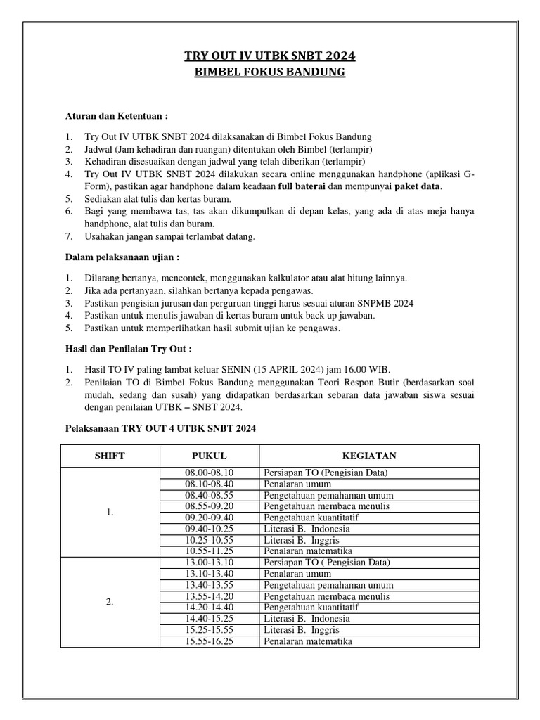 Try Out IV UTBK SNBT 2024 di Bandung | PDF