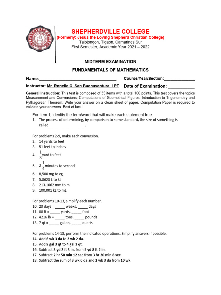 Fundamentals-of-Mathematics-Midterm-Exam | PDF | Triangle | Area