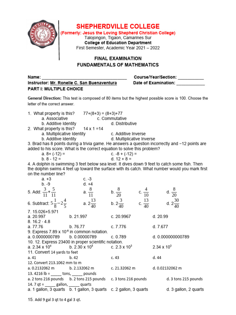 Fundamentals of Mathematics Final Exam | PDF | Gallon | Cartesian ...