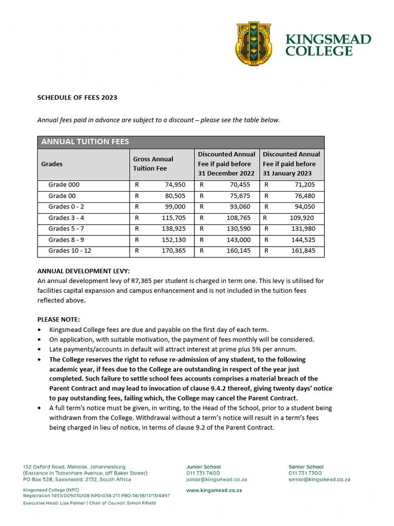 Kingsmead College - Fee Schedule 2023 | PDF | Fee | Tuition Payments