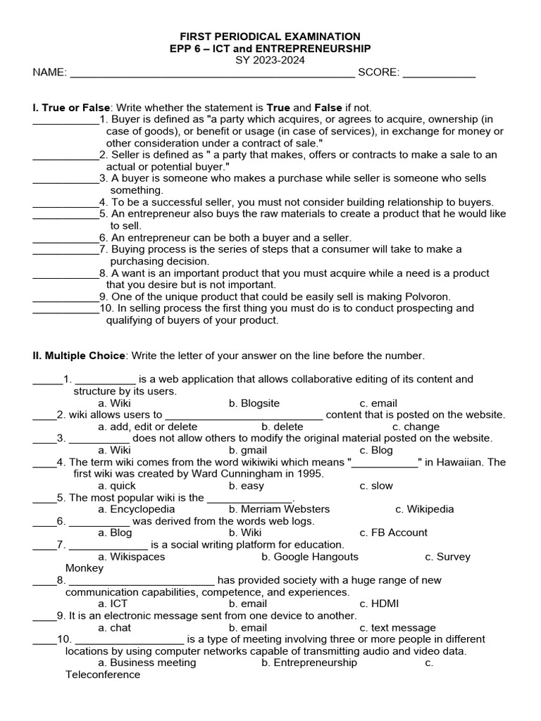EPP 6 ICT and Entrepreneurship Exam Guide | PDF | Sales | Wiki