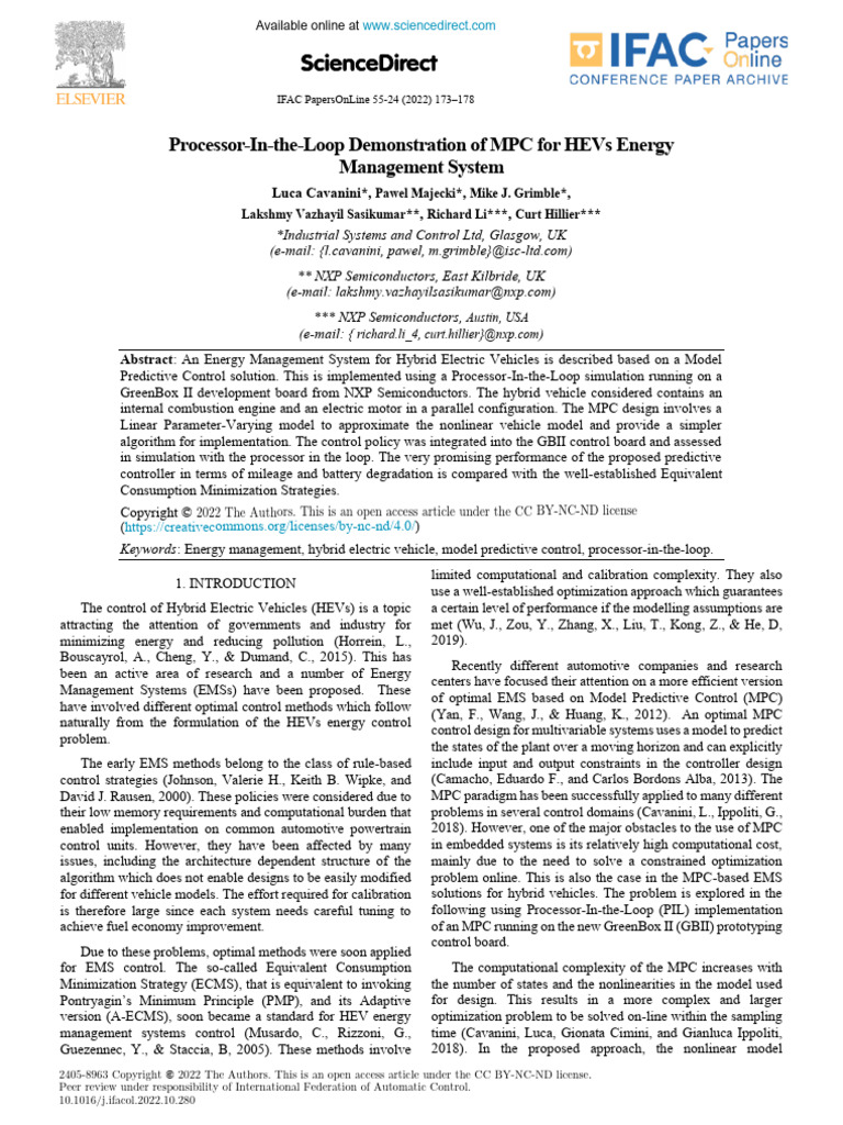 Processor-In-The-Loop Demonstration of MPC for HEVs Energy Management ... Processor-In-The-Loop Demonstration of MPC for HEVs Energy Management ...