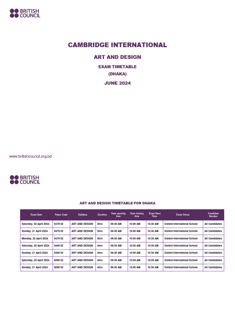 Cambridge International Art and Design Venue Schedule Dhaka | PDF