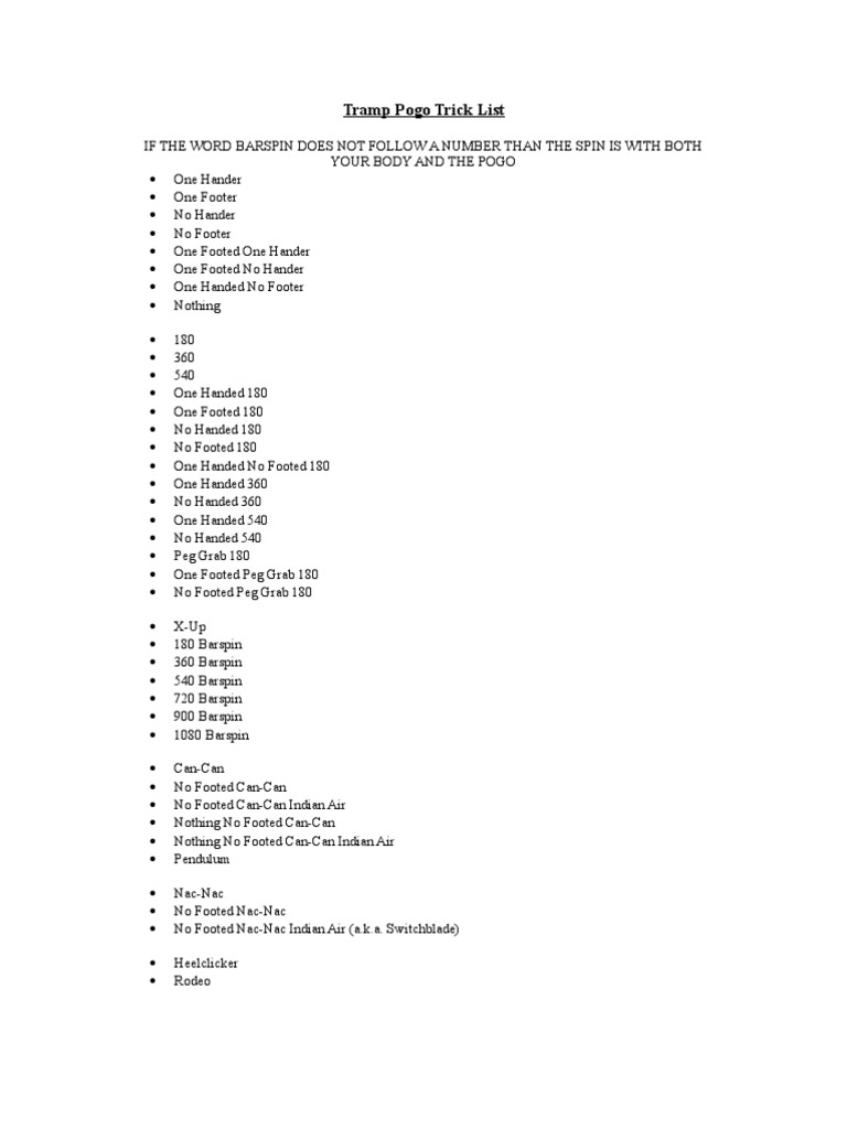 Tramp Pogo Trick List | PDF | Sports And Entertainment Skills | Sports