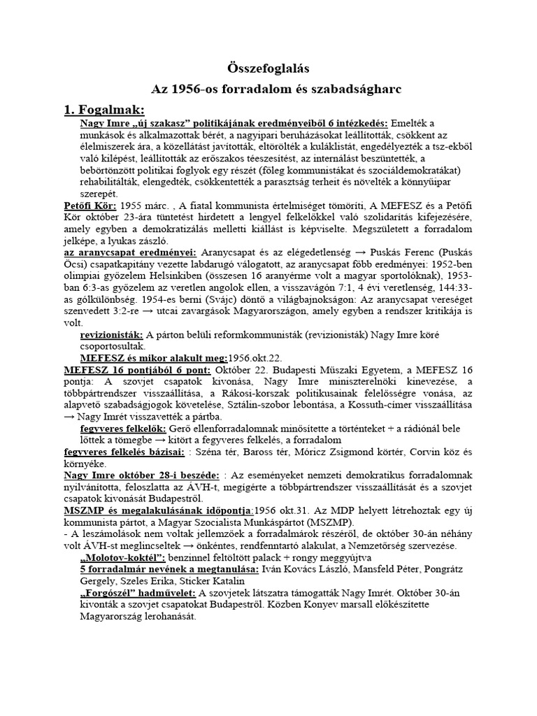 Összefoglalás - Az 1956 Os Forradalom És Szabadságharc - v2.0 | PDF