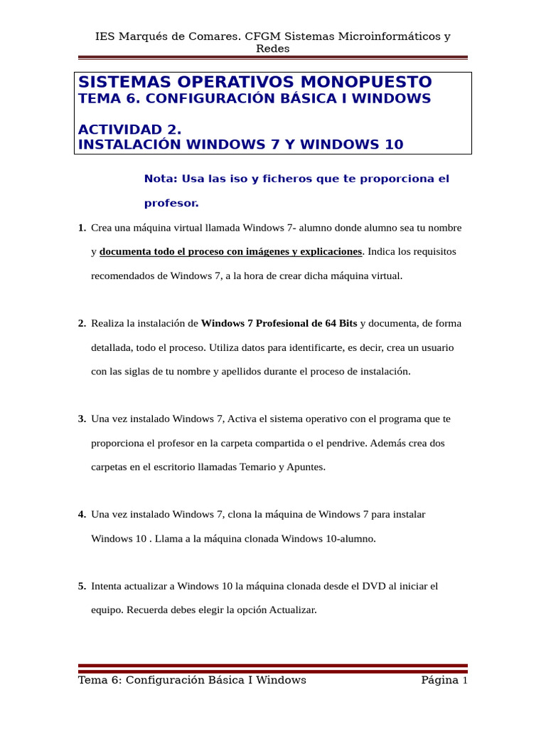 Actividad 2 instalacion windows 7-10 tema 6 | PDF