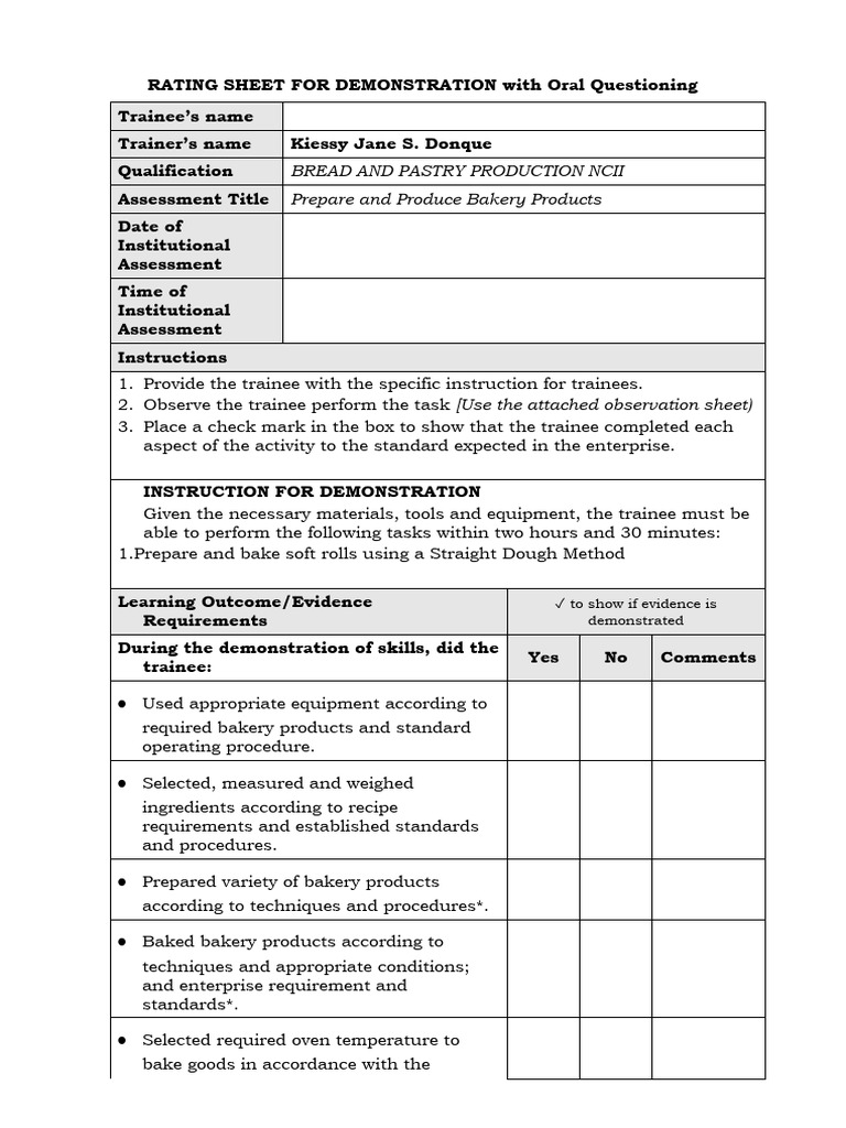 RATING SHEET FOR INST ASSESSMENT With Oral Questioning | PDF | Cakes ...