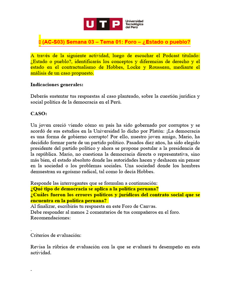 ? (AC-S03) Semana 03 - Tema 01 Foro - Estado o Pueblo (Terminado) | PDF | Democracia ...