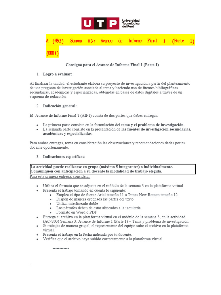 ? (AC-S03) Semana 03 Avance de Informe Final 1 (Parte 1) (AIF1) | PDF