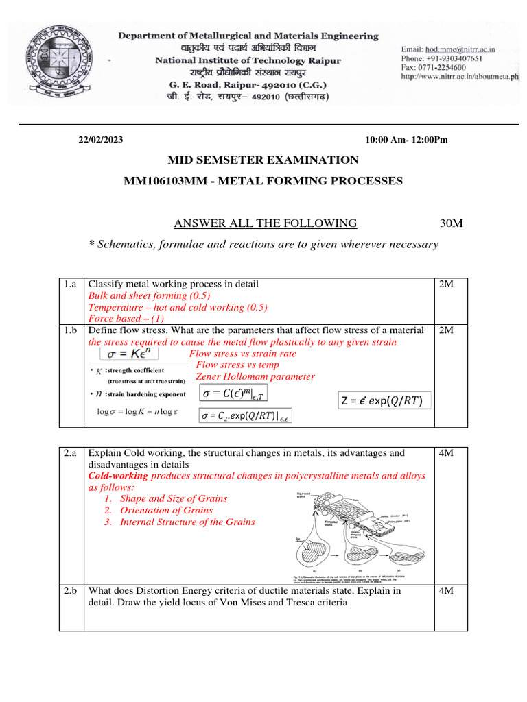 MFP_Mid sem QP and key | PDF | Forging | Deformation (Engineering)