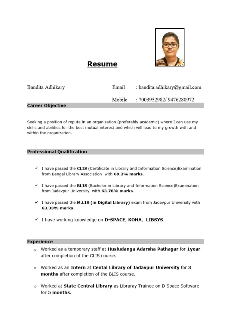 Resume of Bandita Adhikary 2 | PDF | Libraries | Kolkata