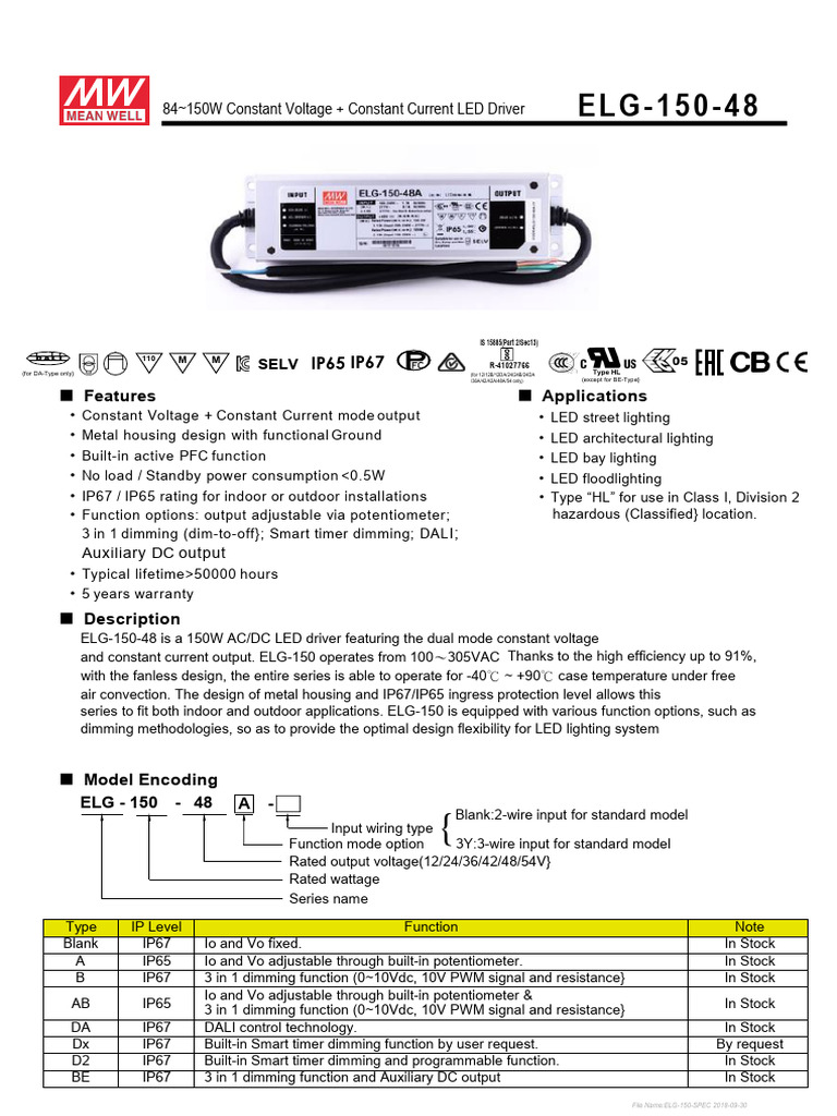 ELG-150-48 LED Driver Specifications | PDF | Rectifier | Light Emitting ...