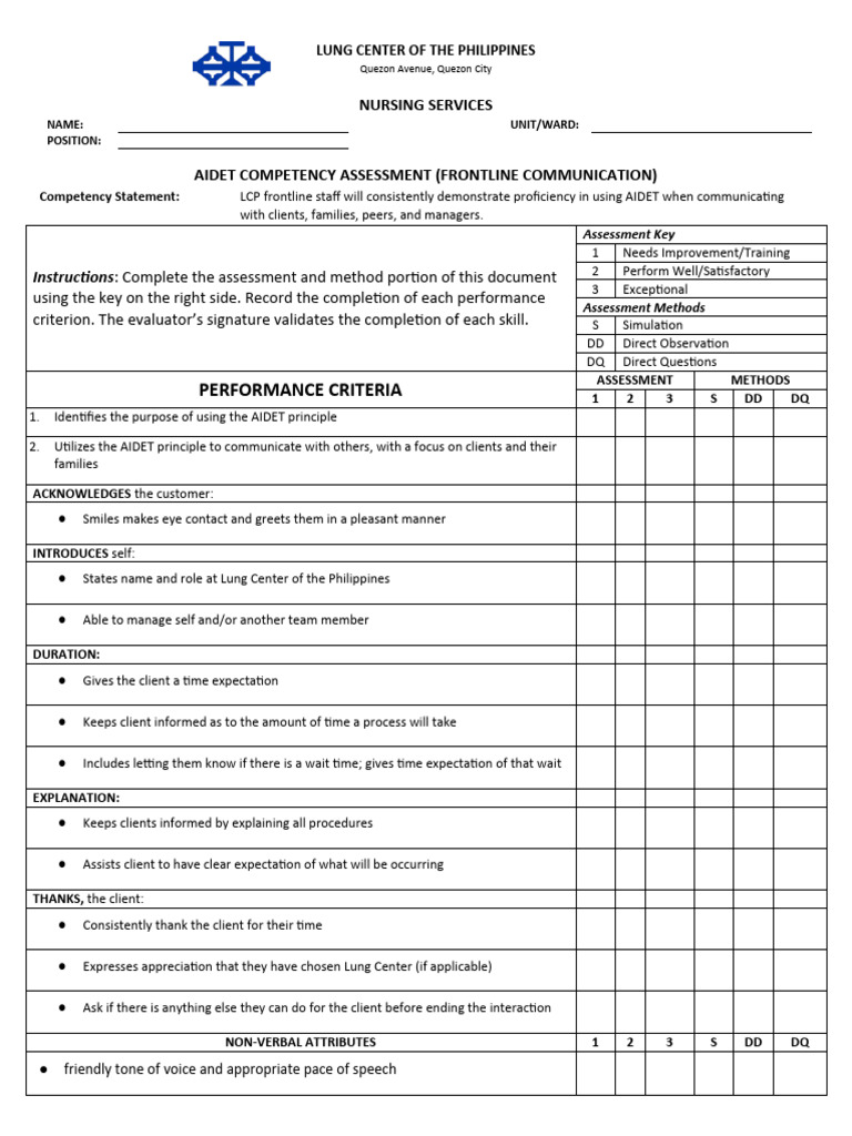 AIDET Competency Assessment Tool | PDF | Nonverbal Communication ...