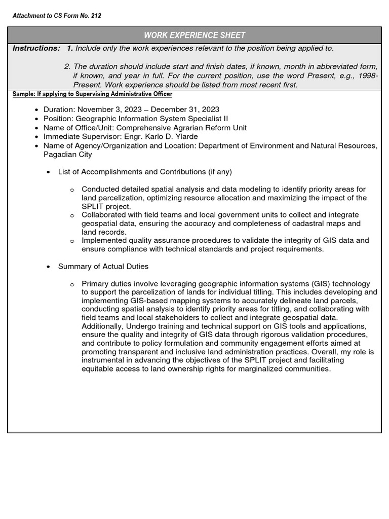 CS Form No. 212 Attachment Work Experience Sheet Jose Eleazar D ...