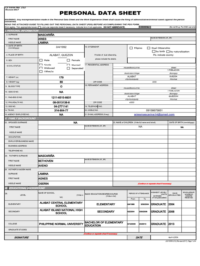 Personal Data Sheet Template | PDF | Teachers | Government