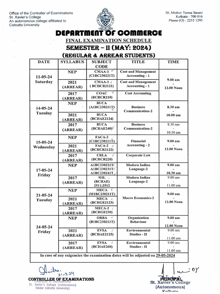 Bcom Final Time Table | PDF