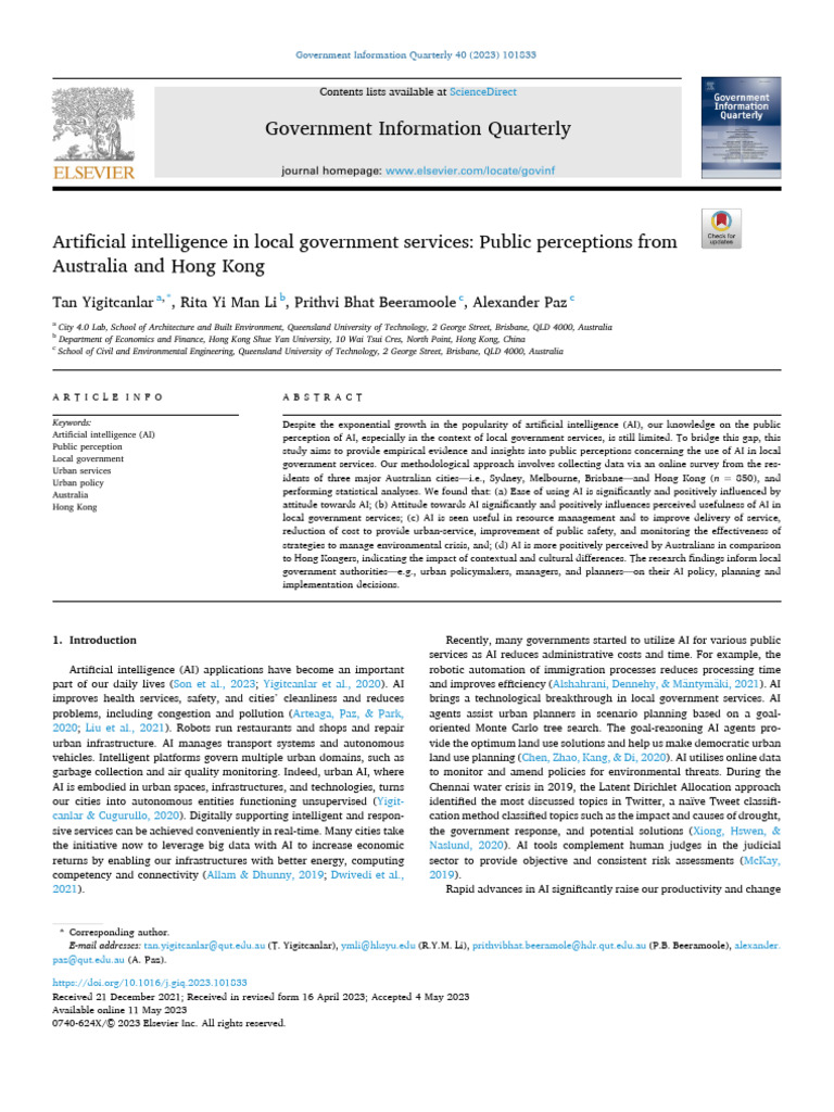 Artificial Intelligence in Local Government Services - Public Perceptions From Australia and ...