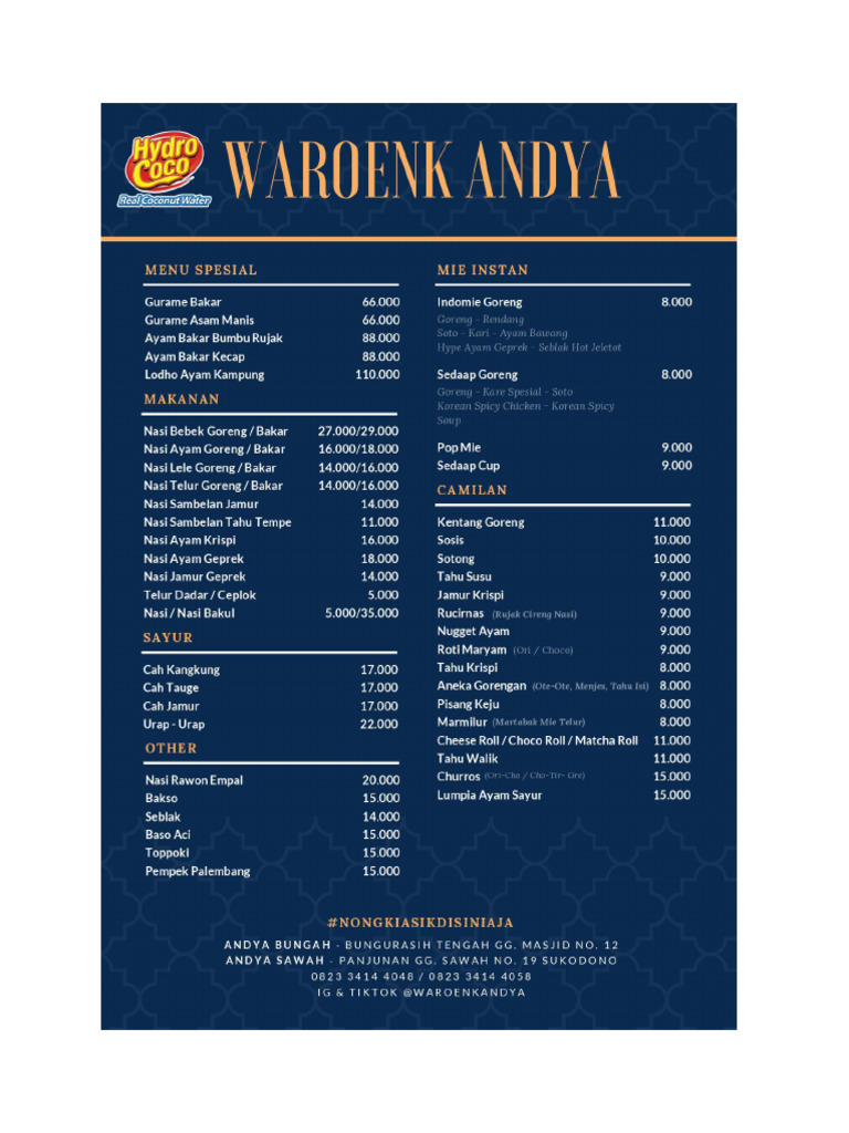 Menu Waroenk Andya 2024 | PDF