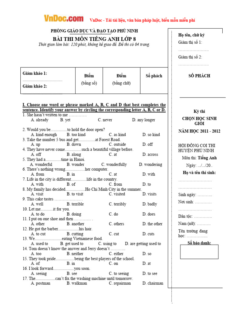 ĐỀ THI HSG ANH 8 HUYỆN PHÙ NINH | PDF | Vietnam