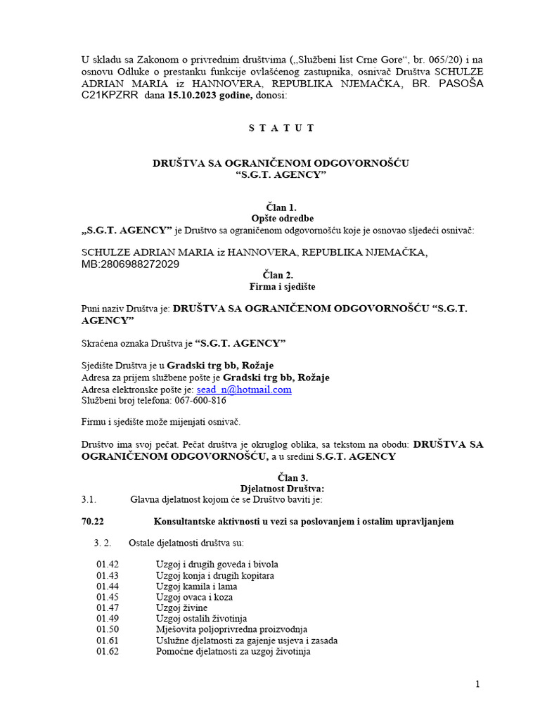 Statut Jednoclano Doo Njem | PDF