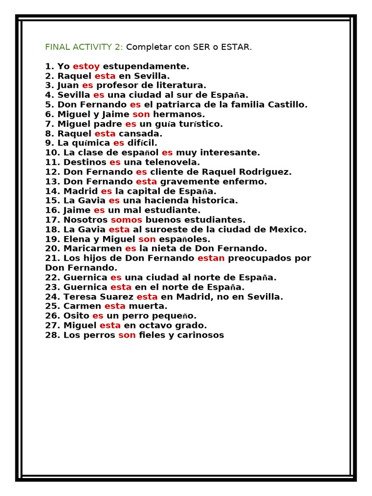 Spanish Verb SER and ESTAR Conjugation Activity | PDF | Novela negra ...