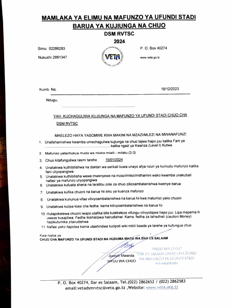 DAR ES SALAAM RVTSC JOINING INSTRUCTIONS | PDF
