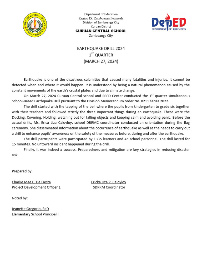 Earthquake Drill Narrative Report | PDF | Emergency Management | Earthquakes