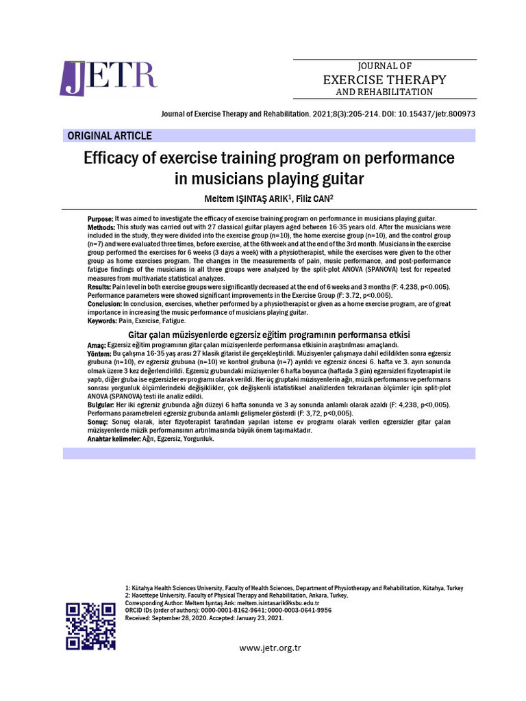 Efficacy of Exercise Training Program On Performance in Musicians ...