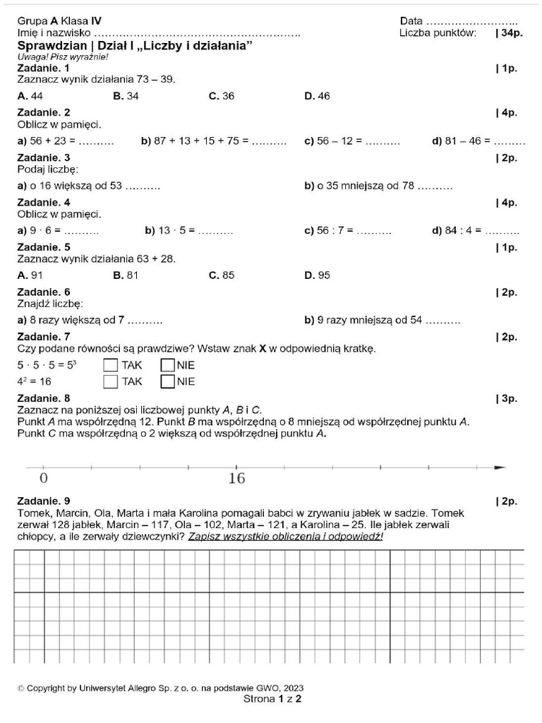 Matematyka Klasa 4 Liczby I Działania Sprawdzian | PDF