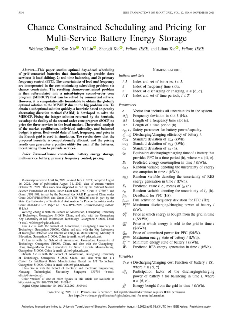 Chance Constrained Scheduling and Pricing For Multi-Service Battery Energy Storage | PDF