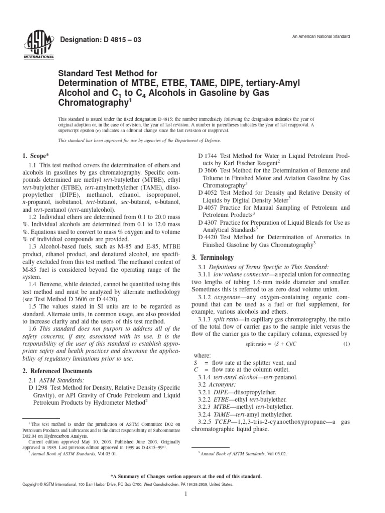 ASTM D4815-For Ethanol Less 20% | PDF | Gas Chromatography