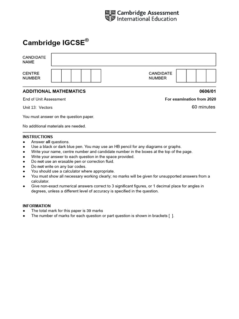 13 Vectors End of Unit Assessment | PDF | Numbers | Quadratic Equation