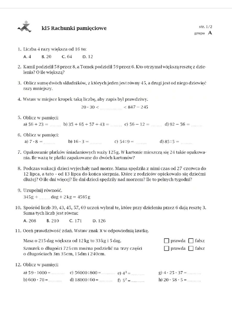 Klasa 5 - Rachunki Pamięciowe - Sprawdzian | PDF